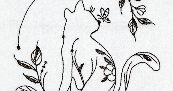 Floral Cat Line Art Embroidery Design