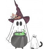 Witchy Ghost Cat And Cauldron Embroidery Design