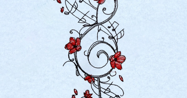 Musical Treble Clef With Flowers Embroidery Design