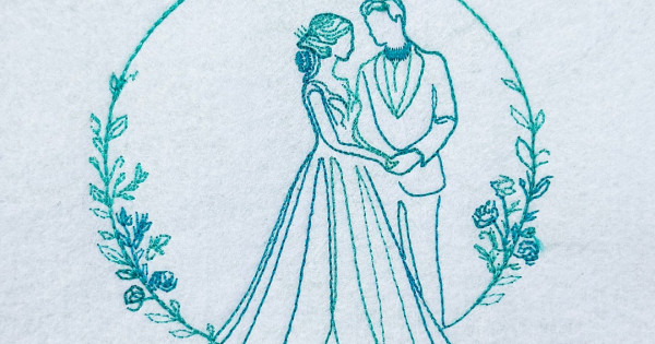 Wedding Couple Line Art Embroidery Design