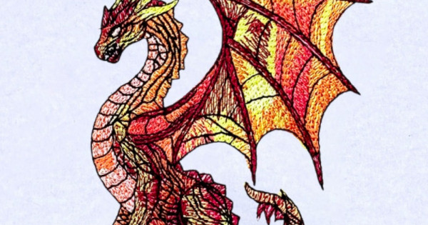 Large Winged Fire Dragon Embroidery Design - Instant Download