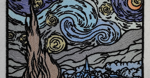 The Starry Night Landscape Embroidery Design