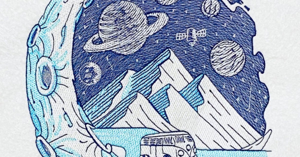 Retro Van In Space Embroidery Design - Instant Download