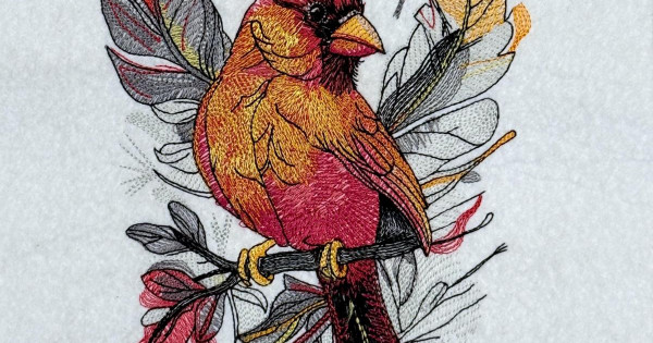 Autumn Feather Cardinal Embroidery Design - Instant Download