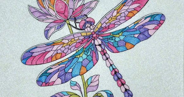 Colorful Dragonfly With Flower Embroidery Design - Instant Download